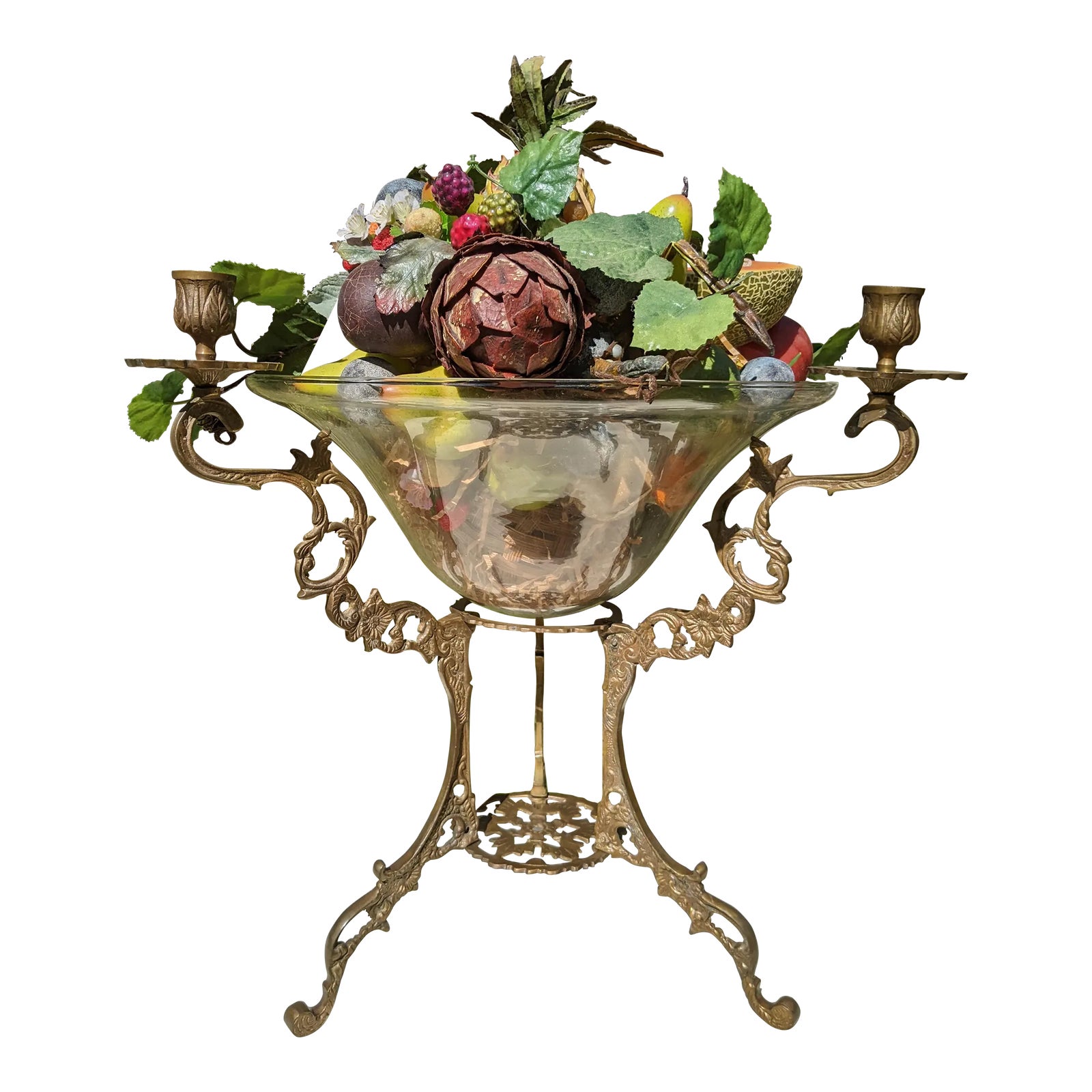 Ornate Brass Tripod Compote Centerpiece Candelabra & Large Fluted Bowl ...