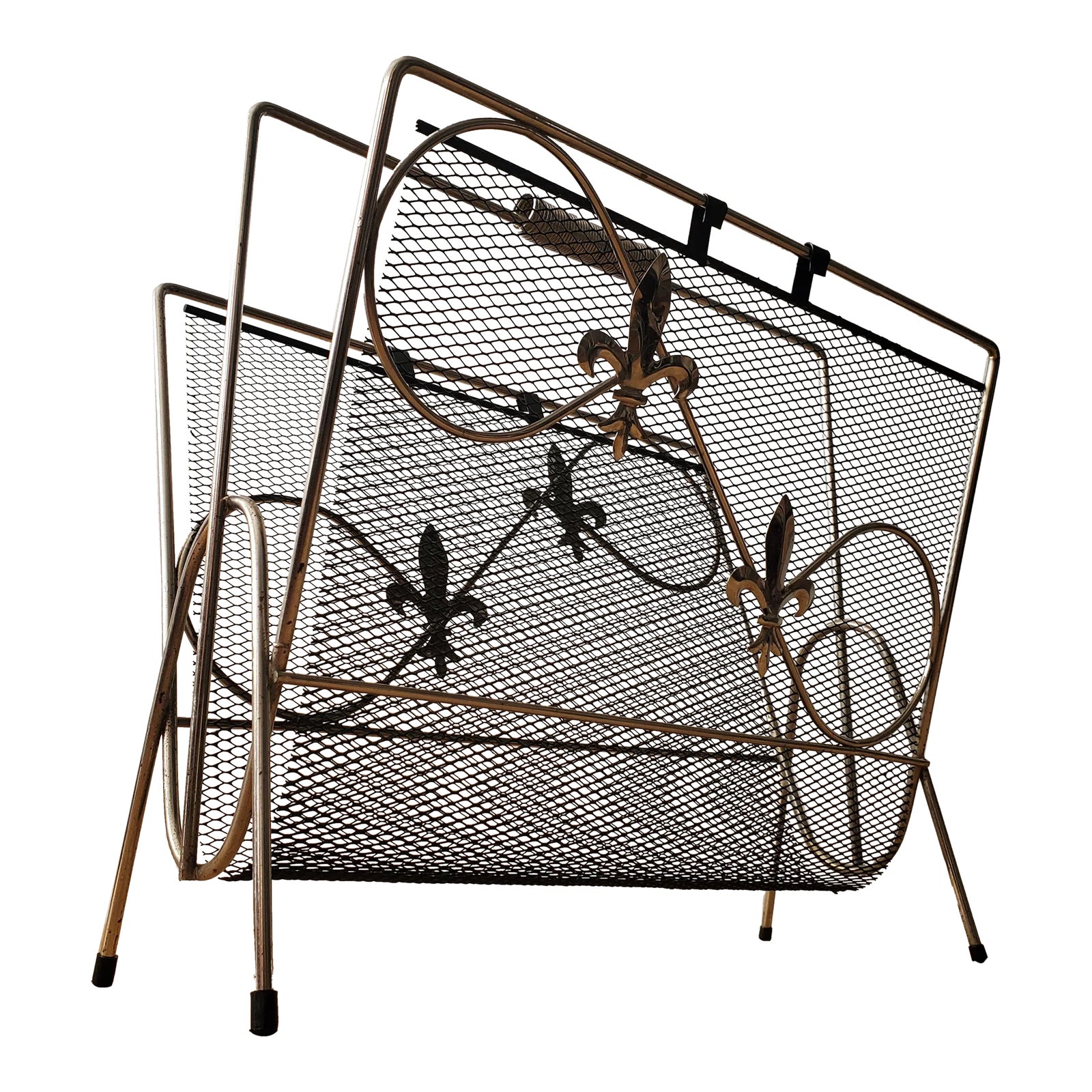 1960s Mid Century Steel Mesh Magazine Rack with Fleur De Lis Motif ...