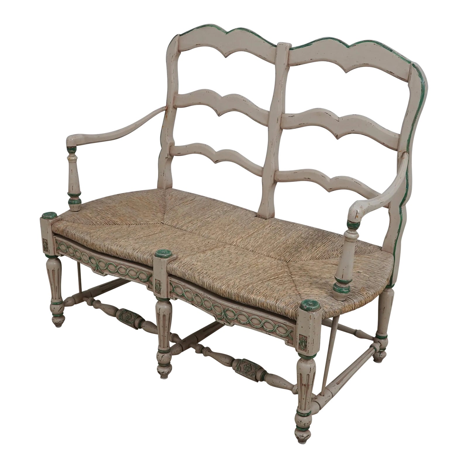 Country French Paint Decorated Rush Seat Settee | Chairish
