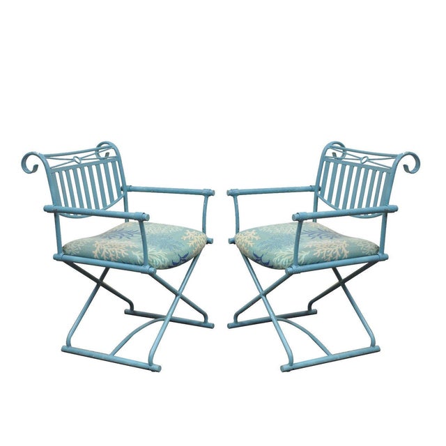 Vintage Hollywood Regency X-Form Blue Iron Curule Directors Armchairs ...