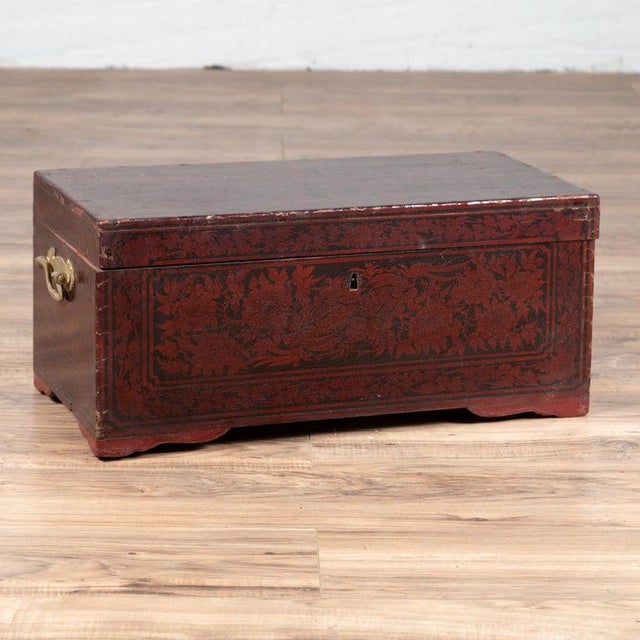Vintage Lacquered Leather Chest with Burgundy Patina from Palembang ...