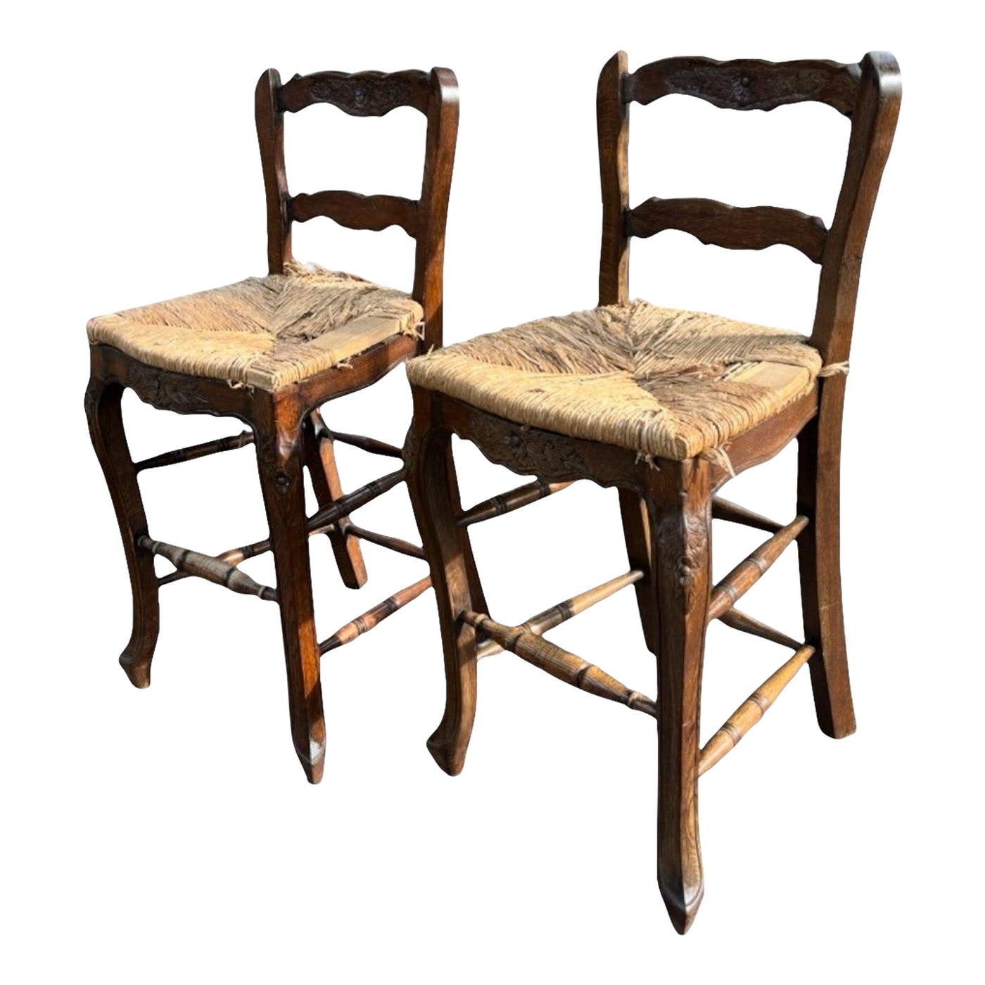 Pair Mid 20th Century French Country Counter-Height Barstools With Rush ...