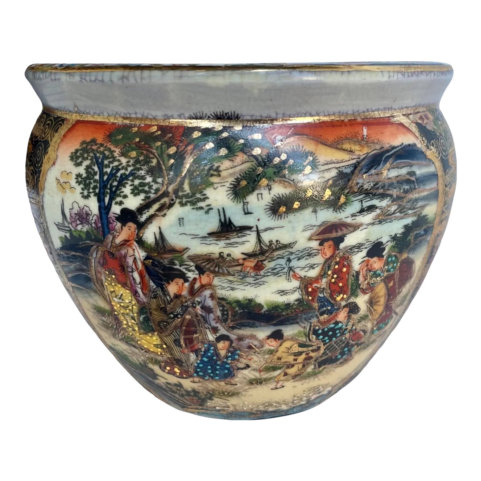 Antique Japanese Asian Satsuma Fish Bowl Vase Pot | Chairish