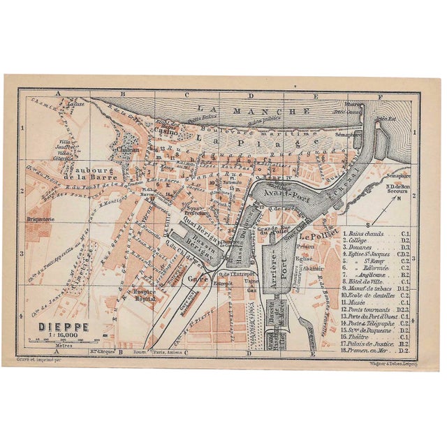 1907 Antique Map of Dieppe France | Chairish