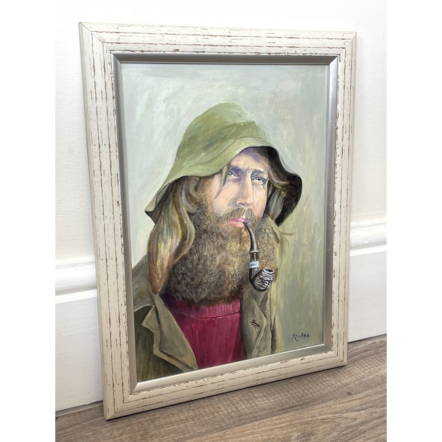 Mid 20th Century Portrait Oil Painting Cornish Fisherman Smoking Pipe ...