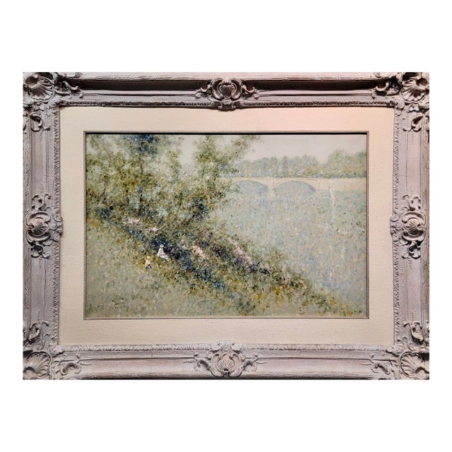 Andre Gisson-Women by the Seine Overlooking the Bridge-Pointillist Oil ...