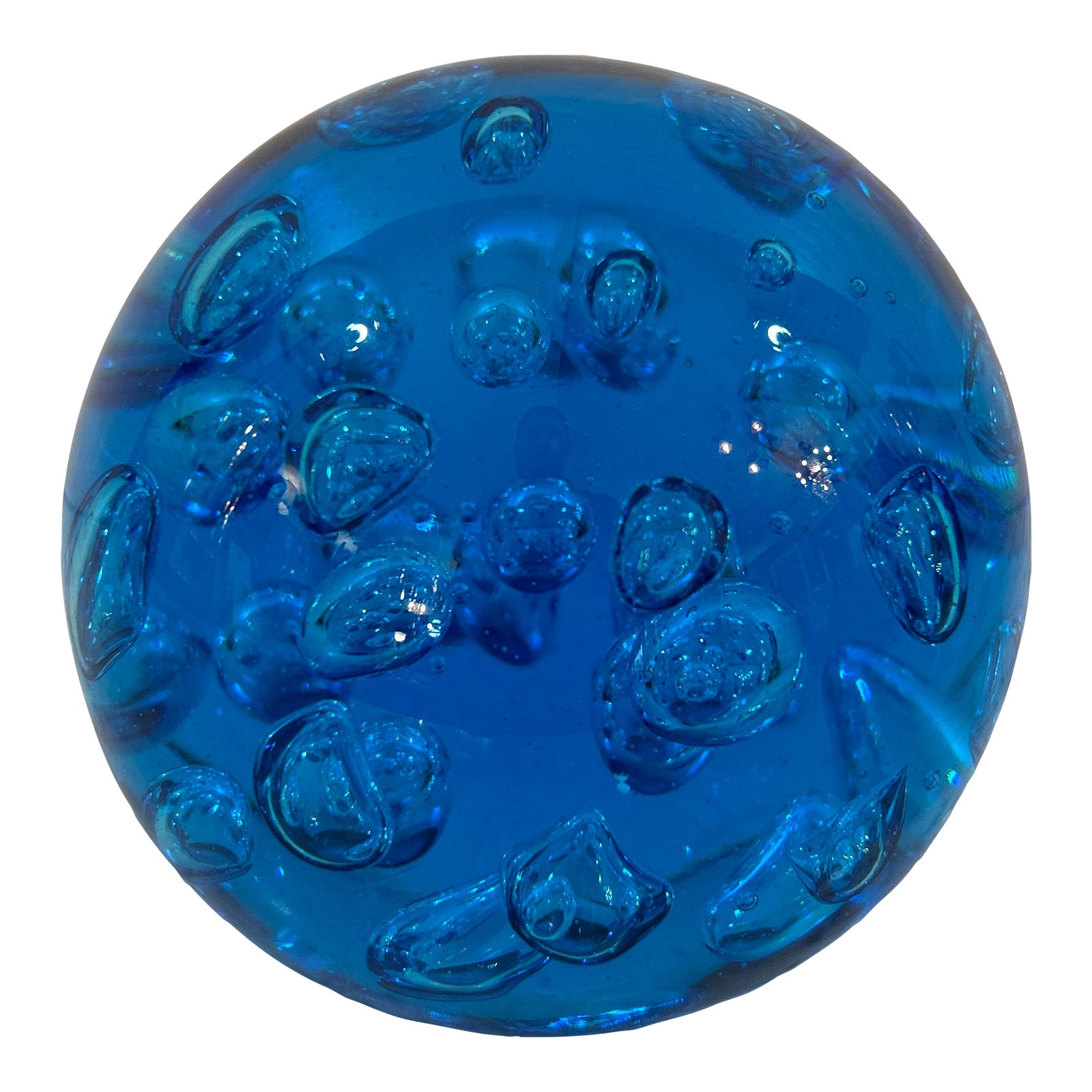 Blue Blown Glass Paperweight With Bubble Inclusions | Chairish