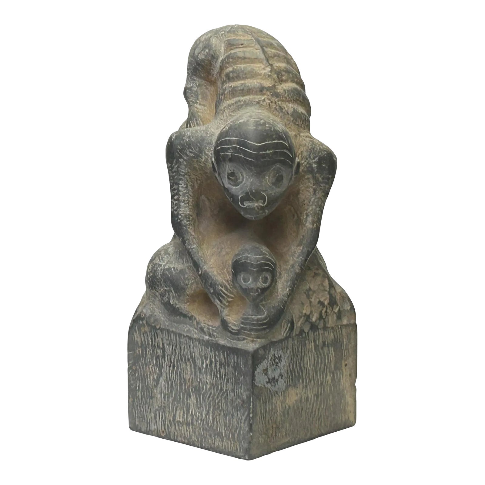 Rustic Gary Color Stone Carved Monkey Holding Monkey Accent Figure ...