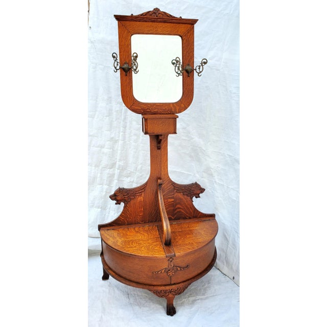 Victorian Lion Carved Double Hall Seat / Hall Tree With Hooks, Mirror ...