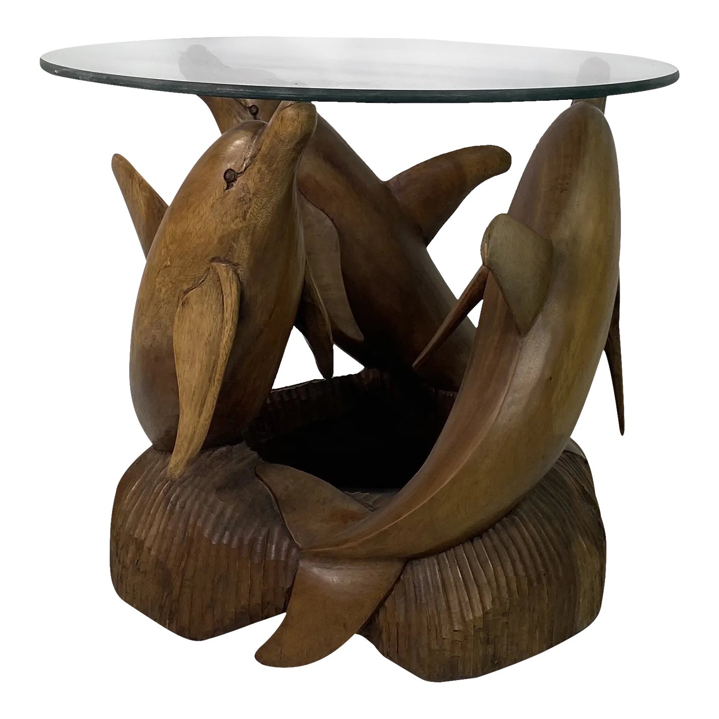 Mid Century Hand Carved Wood Dolphin Table With Glass Top | Chairish