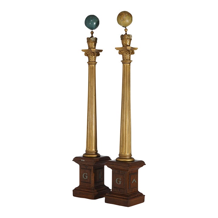 Masons Classical Giltwood Columns with Globes by Henderson-Ames Circa ...