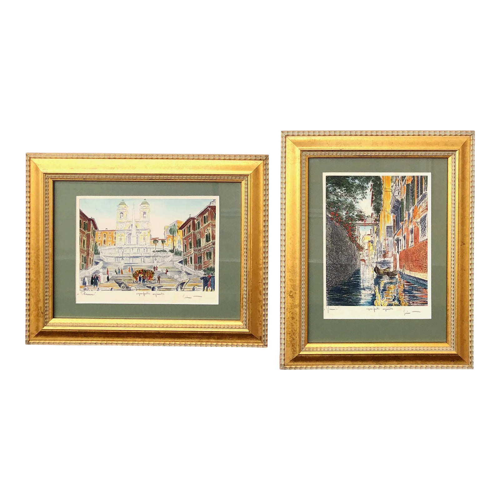 Late 20th Century Pair of Artist Signed Hand Colored Etchings - Venice ...