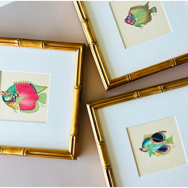 Original Miniature Hand-Painted Fish Painting in Faux Bamboo Frame ...
