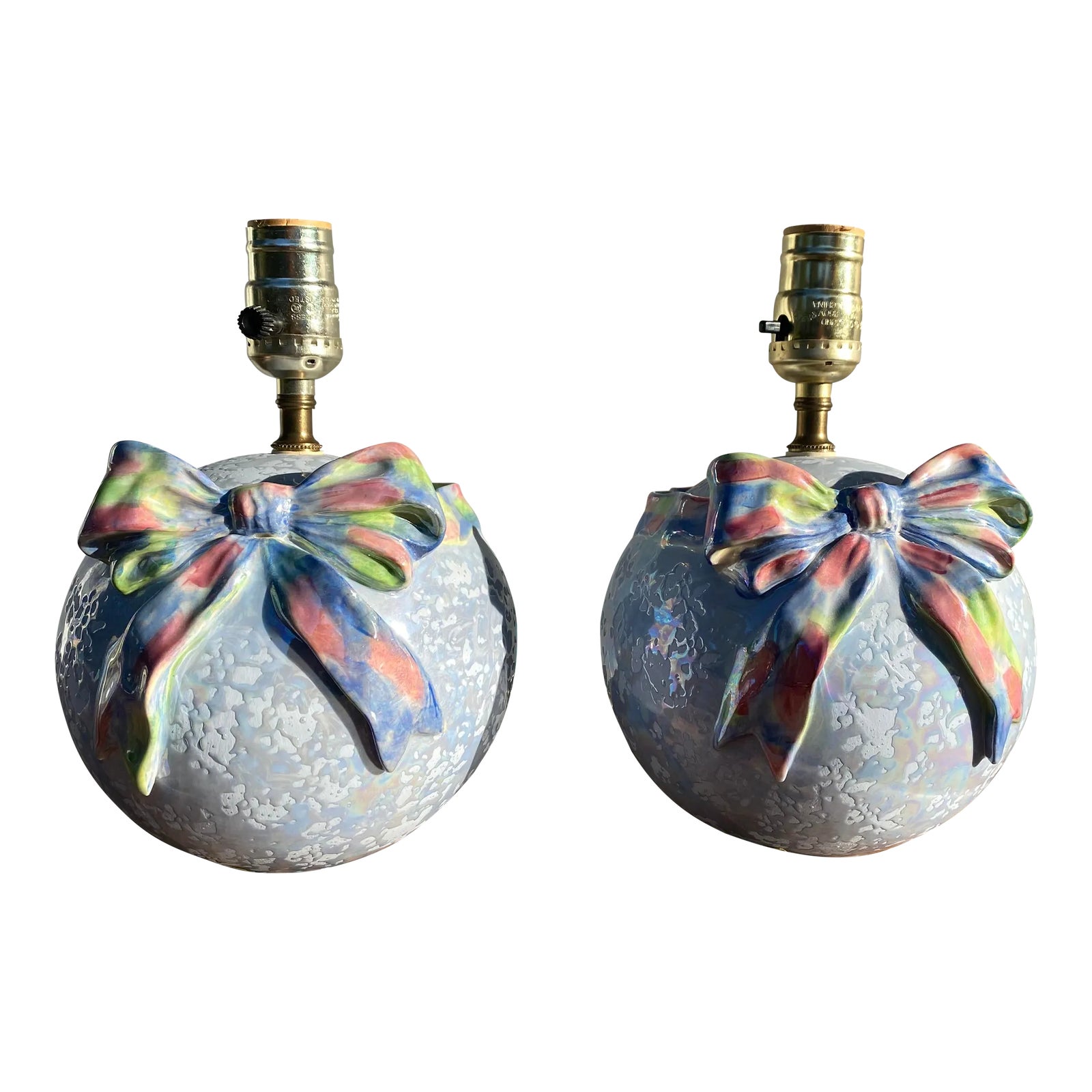 2002 Ceramic Ribbon and Bow Boudoir Lamps- a Pair | Chairish