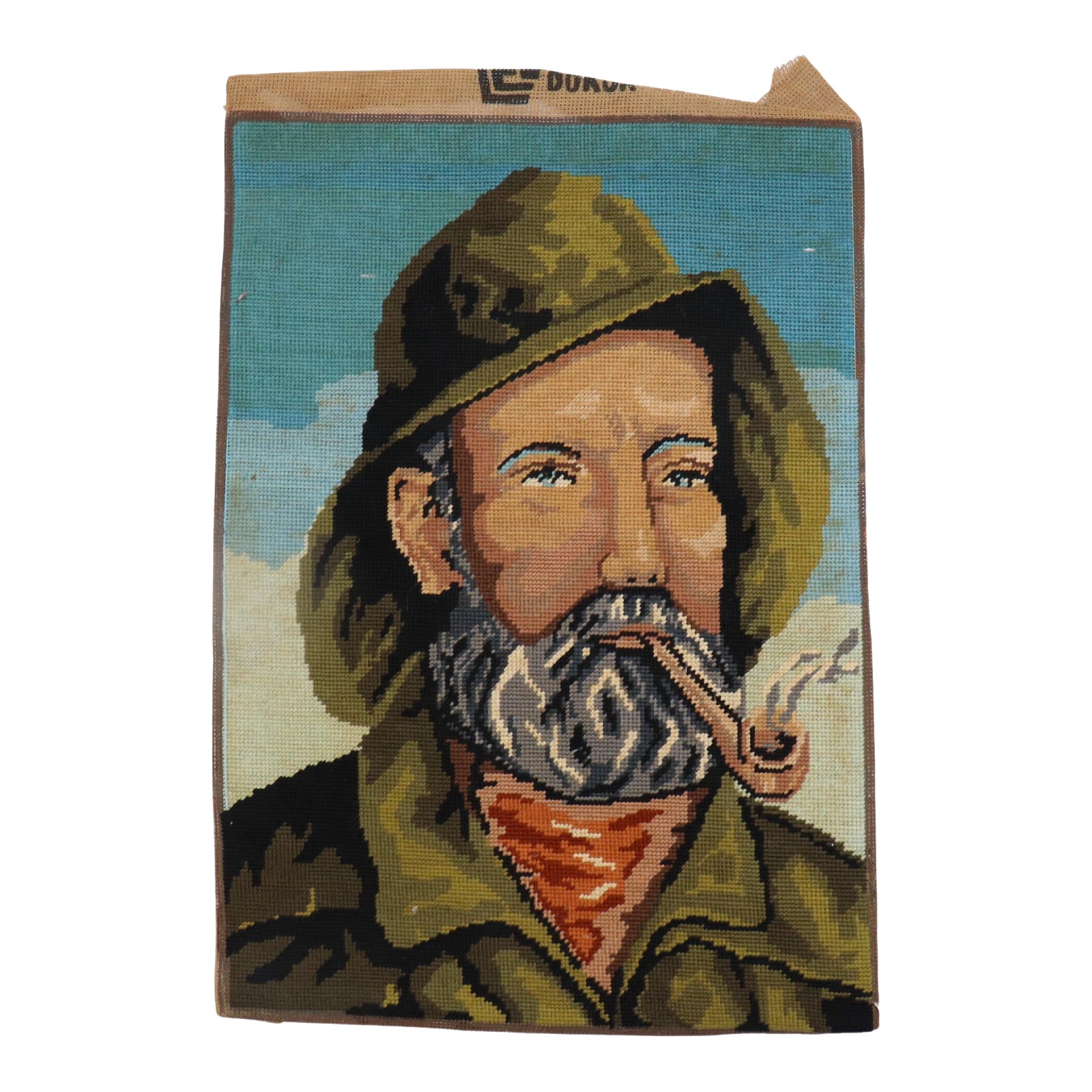 Printed Israeli Needlepoint with Man Smoking Cigar | Chairish