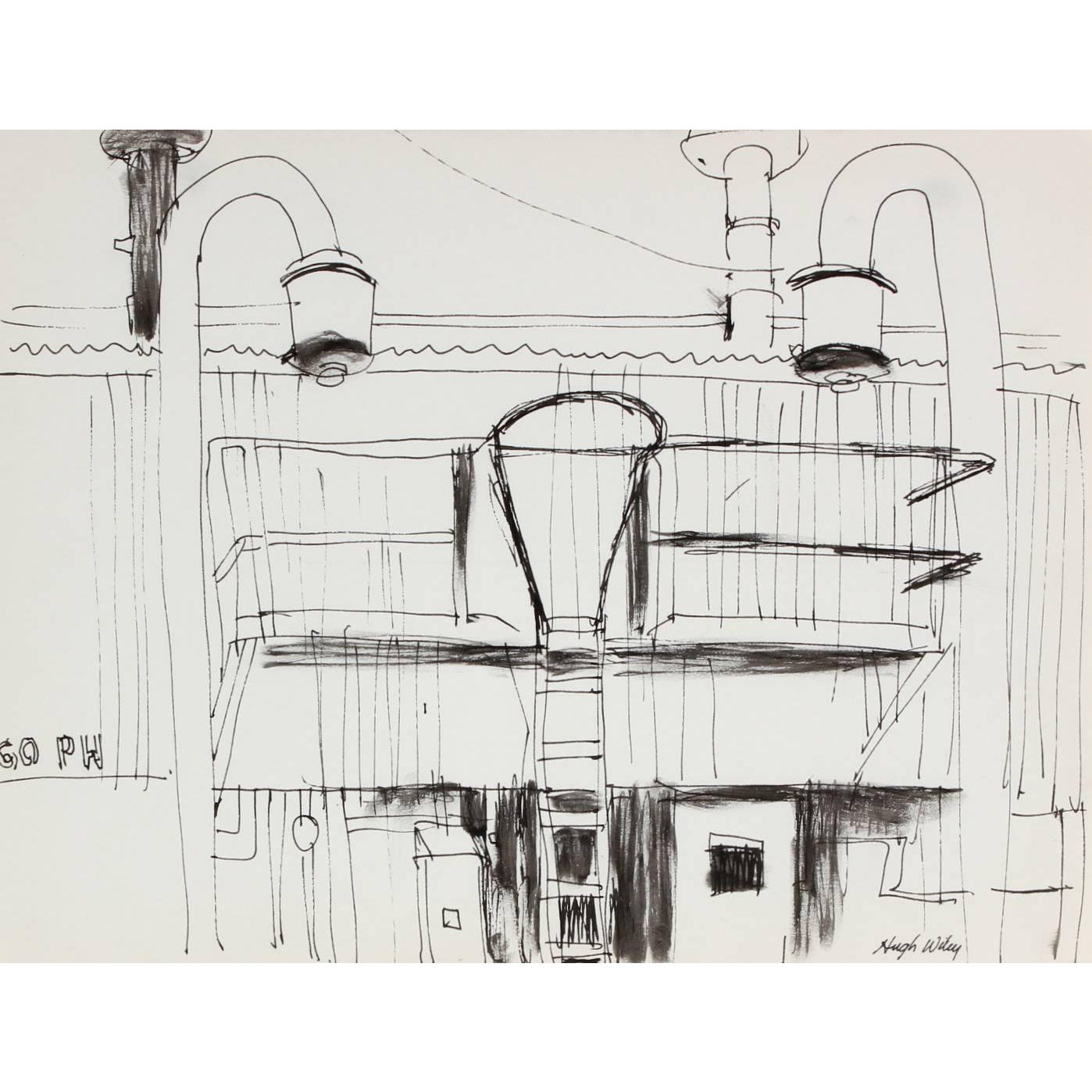 Hugh Wiley Bay Area Industrial Scene Drawing in Ink, 1974 | Chairish