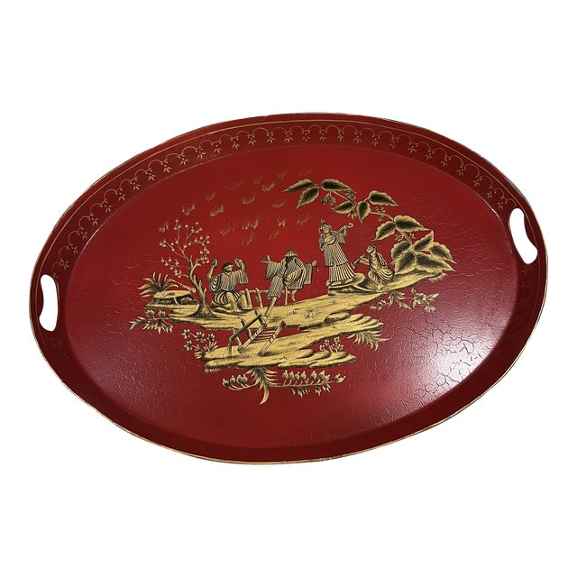 1980s Vintage Asian Inspired Tole Red Oval Tray | Chairish