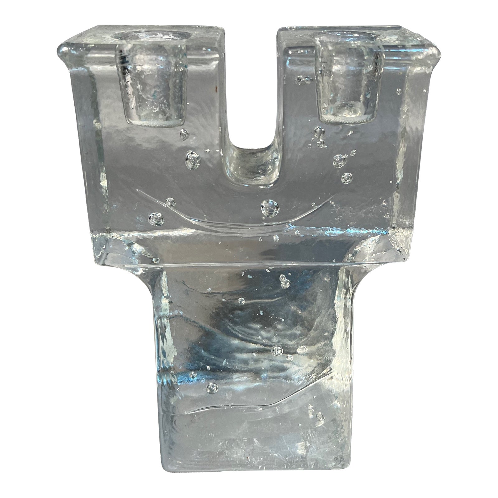 Dansk Candleholder Double Ice Block Clear Glass With Bubbles | Chairish