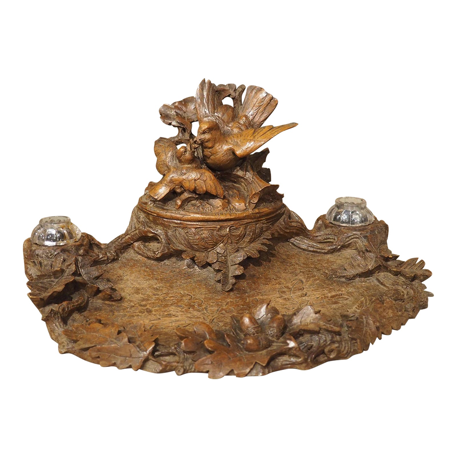 Antique French Black Forest Carved Inkwell With Oak Leaves and Birds ...