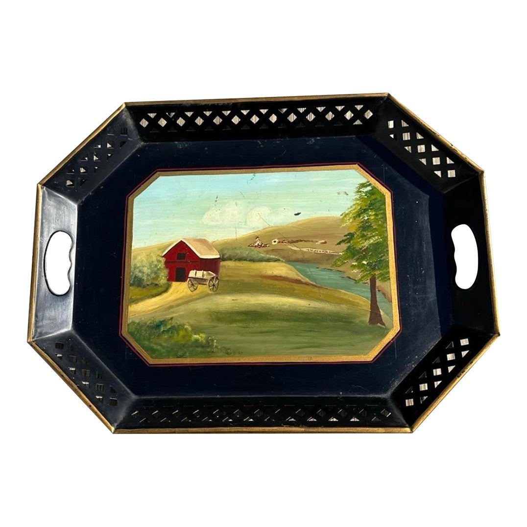 Vintage Nashco La Verne Black Metal Tray with Hand Painted Barn Scene ...