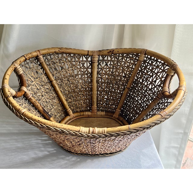 Vintage Tortoiseshell Bamboo and Woven Rattan Basket | Chairish