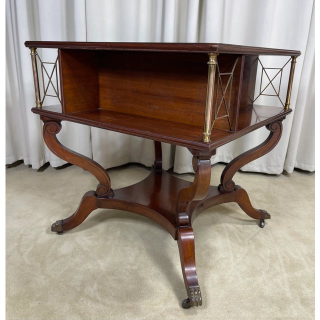 1940s Crotch Mahogany Side Table - Library Table With Shelf & Brass ...