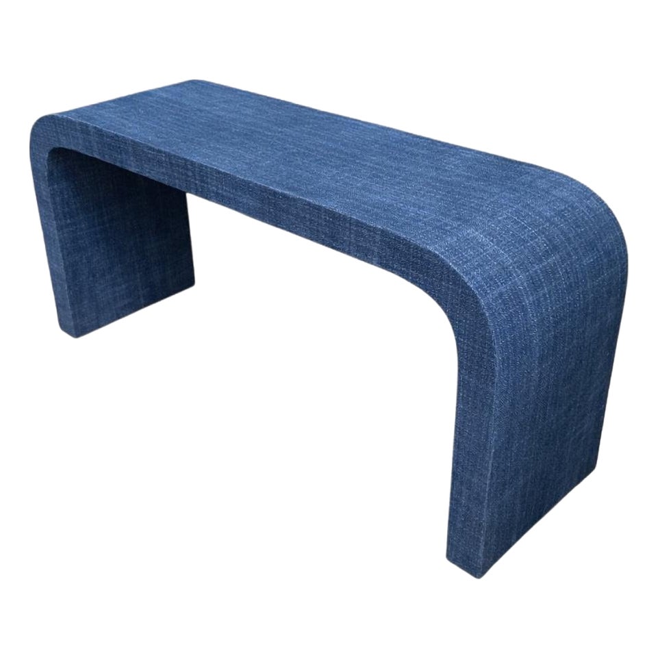 1970s Karl Springer Style Modern Blue Denim Grasscloth Wrapped Console ...