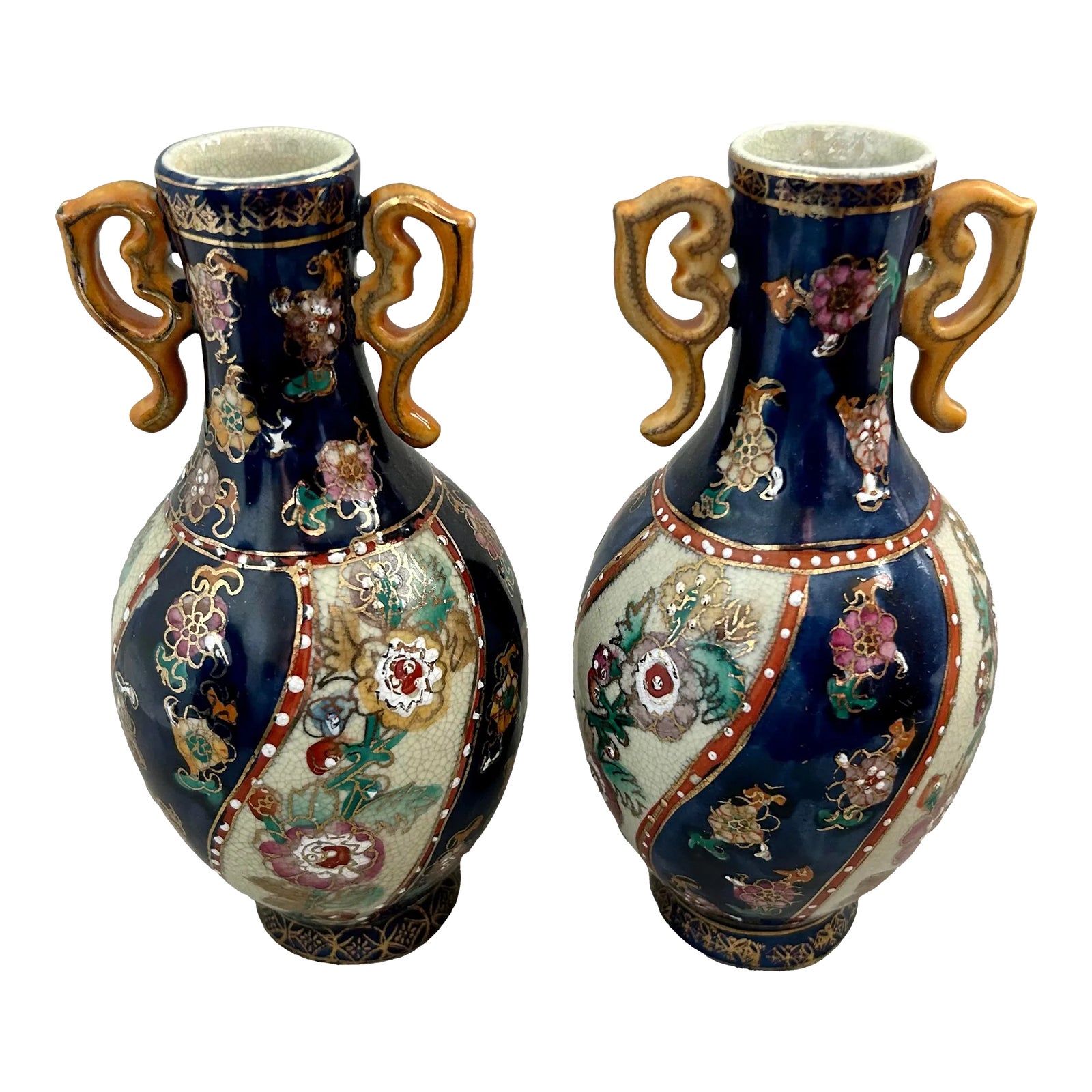 Pair of 7" Satsuma Bottle Neck Vases | Chairish