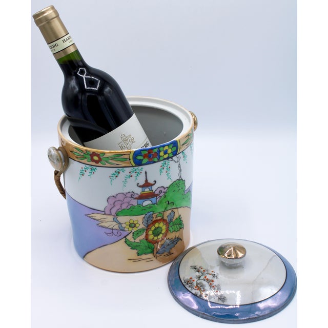 Mid Century Chinoiserie Opalescent Ceramic Ice Bucket With Woven Rattan ...