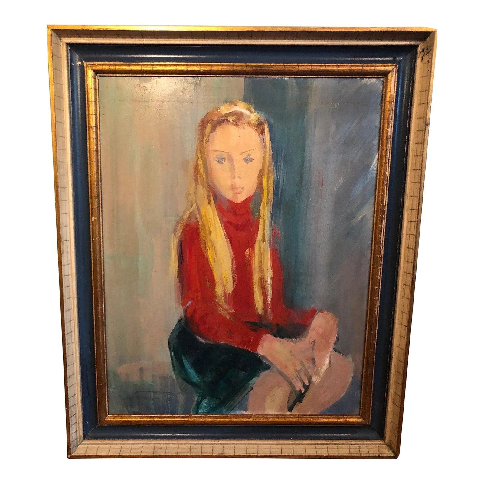 Large Mid Century Portrait of a Girl | Chairish