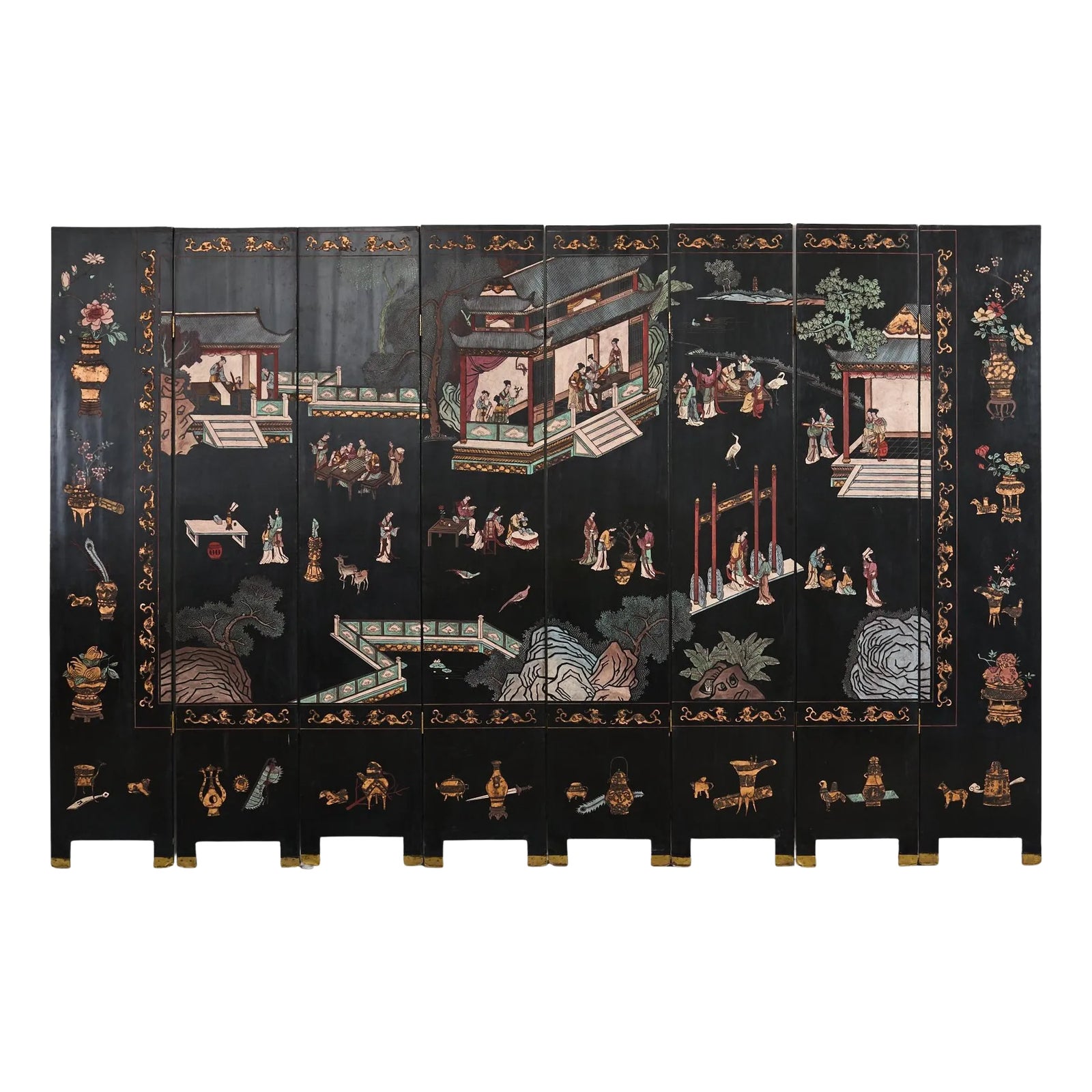 Chinese Export Eight Panel Coromandel Screen Pagoda Courtyard | Chairish