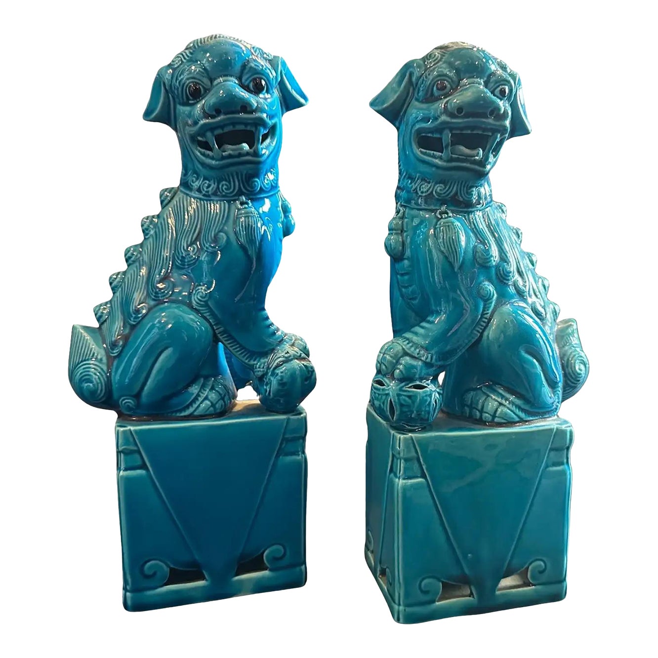 A Pair of 1960s Turquoise Glazed Ceramic Chinese Pho Dogs | Chairish