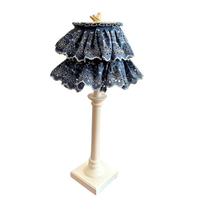 Ruffled Denim Eyelet Lace Table Lamp With Dove Finial | Chairish