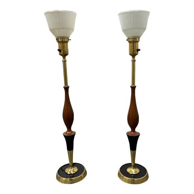 Vintage Uplight Torchiere Table Lamps With Brass, Black and Frosted ...