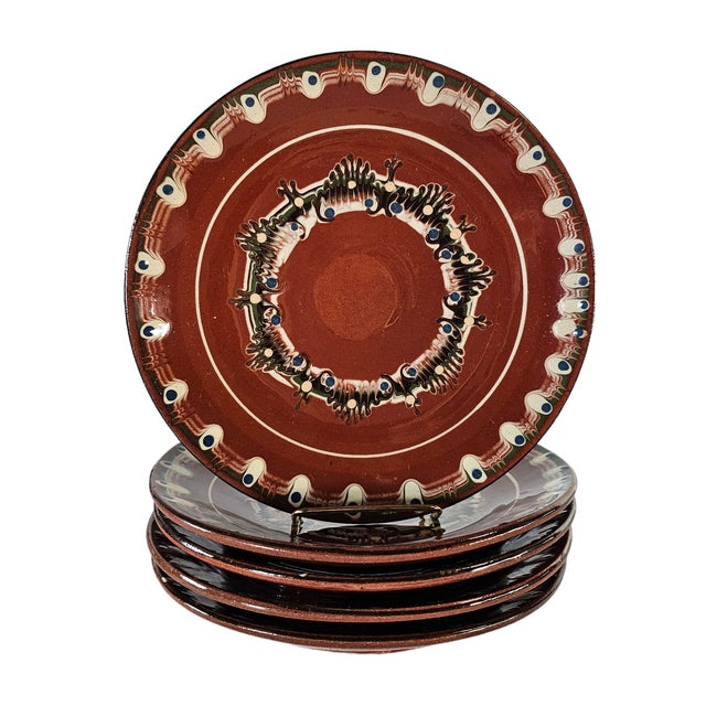 Hand Painted Bulgarian Troyan Red Feather Lunch Plates Set of 5 | Chairish