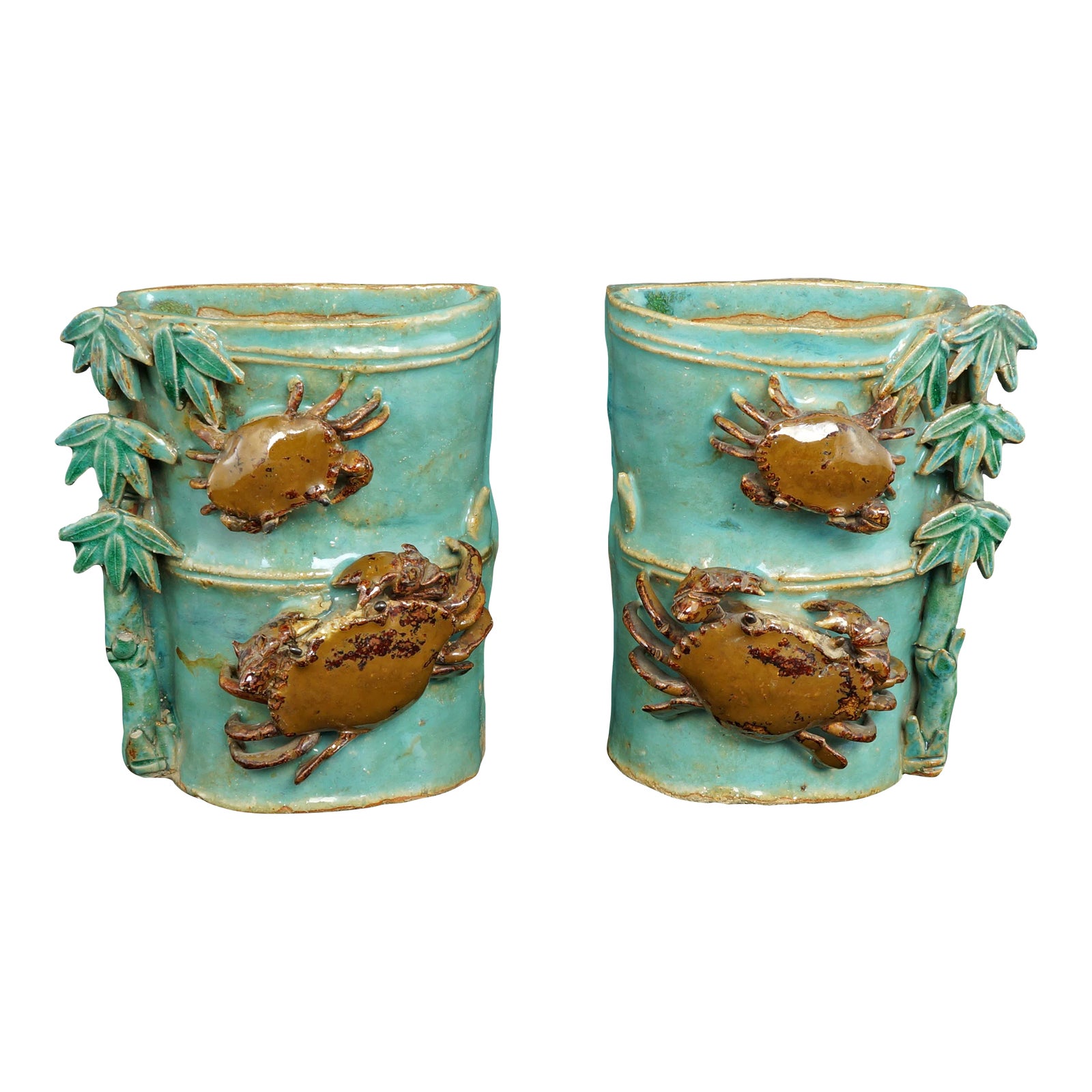 Pair Chinese Shiwan Crab Wall Pockets Circa 1900 | Chairish