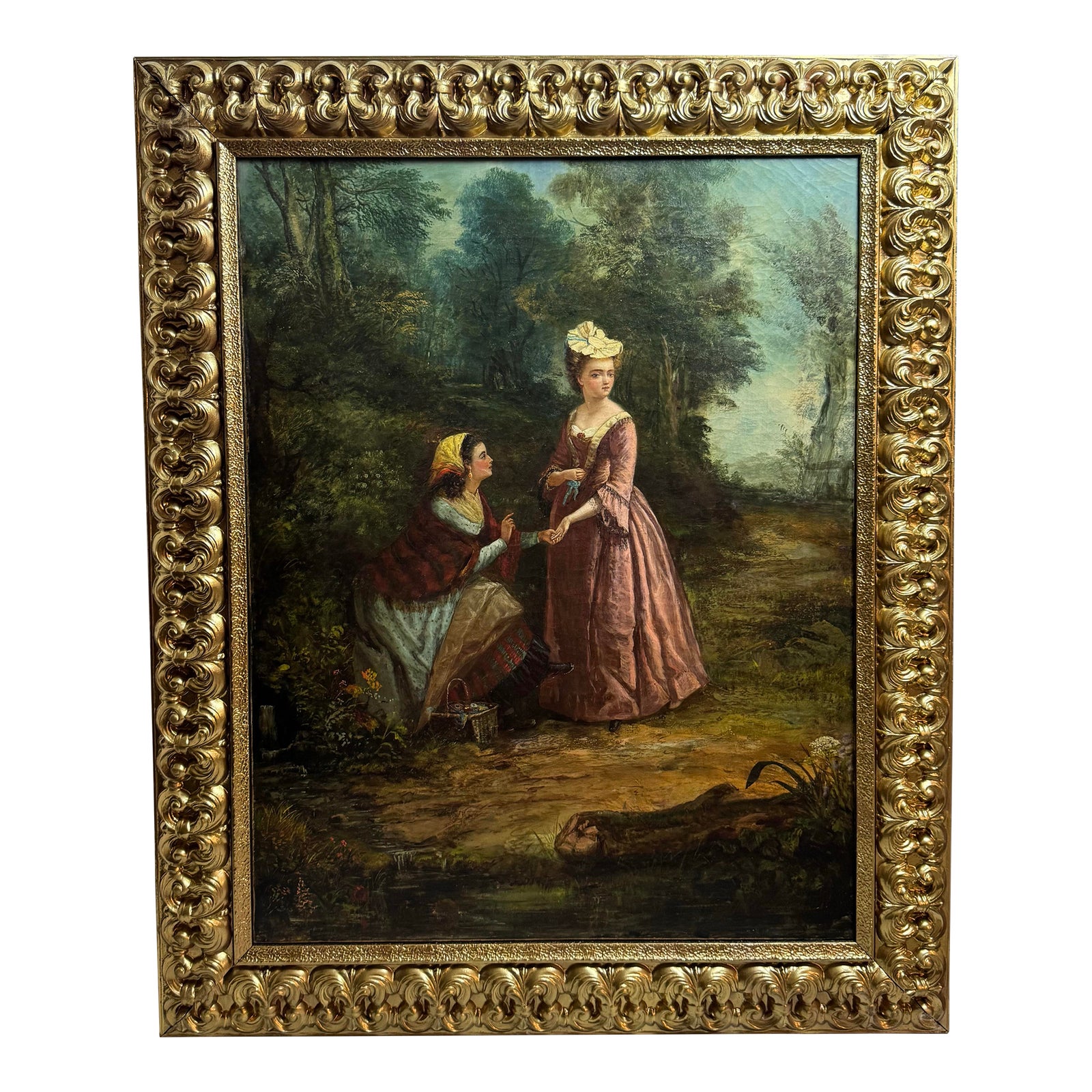 Large 19th Century Victorian Painting of Ladies on a Wooded Path | Chairish