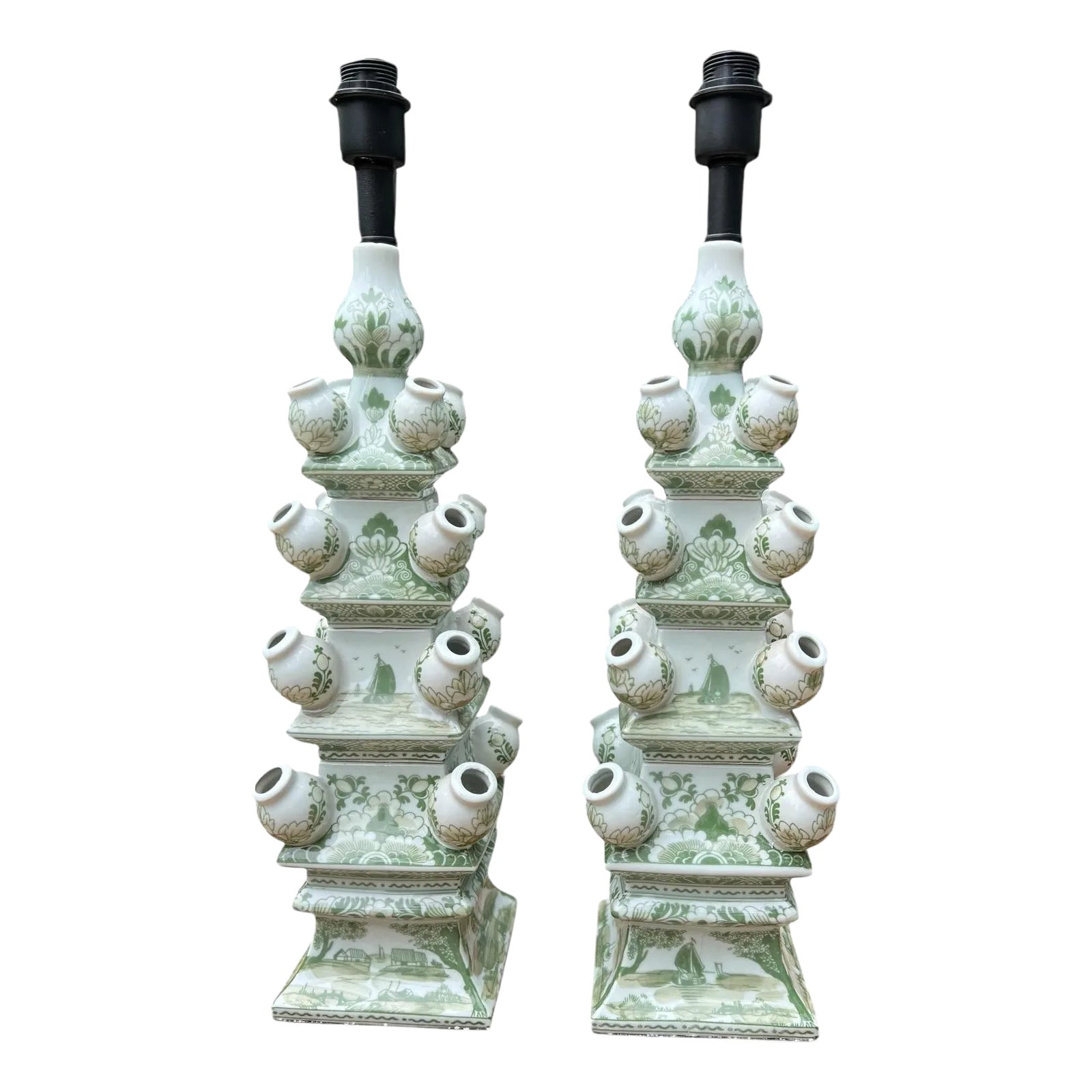 Pair of Hand-Painted Porcelain Tulipiere Tower Lamps, Green Chinoiserie ...