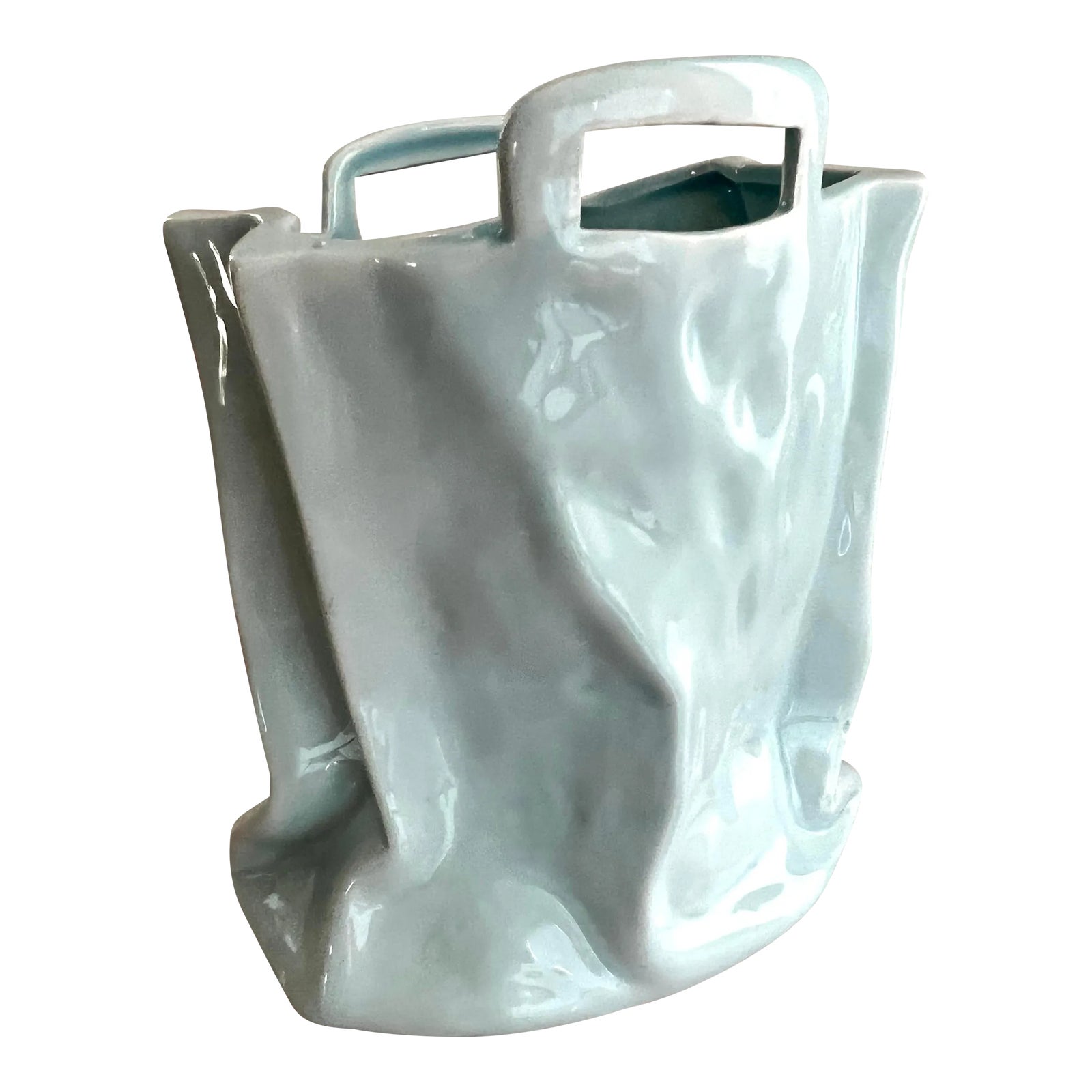 1980 Baby Blue Ceramic Paper Bag Vase | Chairish
