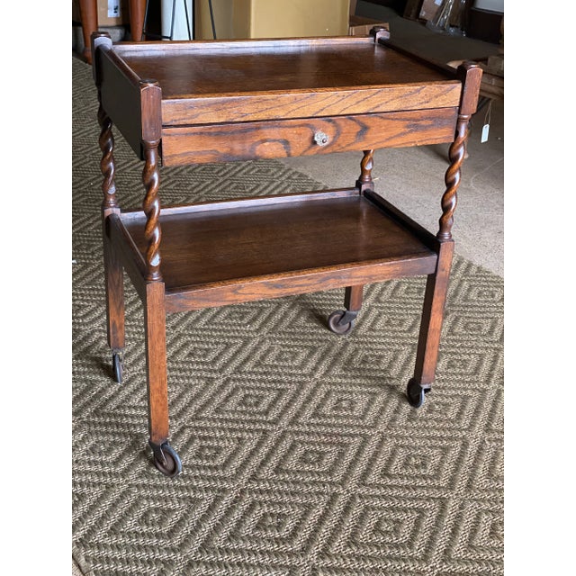 Antique English Tea Trolley Drinks Cart Oak Barley Twist | Chairish