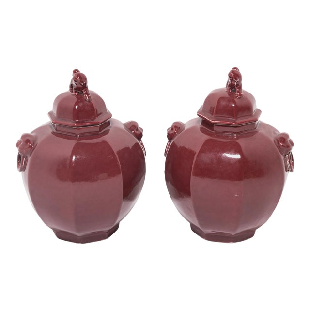 Pair of Chinese Oxblood Red Ginger Jars With Shizi | Chairish