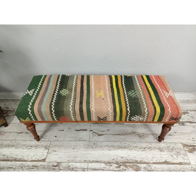 Boho Turkish Kilim Upholstered Bench | Chairish