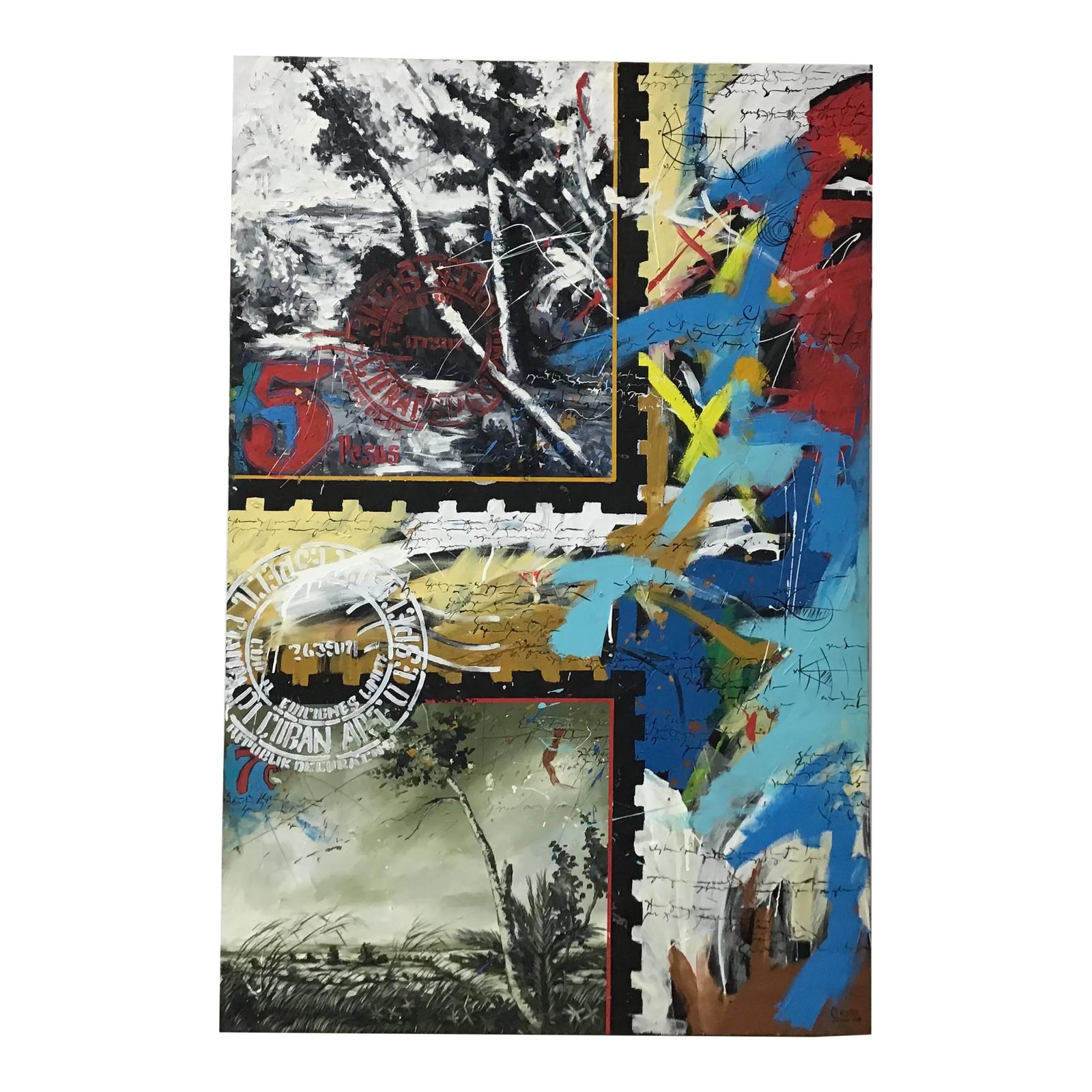 Large Abstract Oil on Canvas Cuban Artist Signed | Chairish