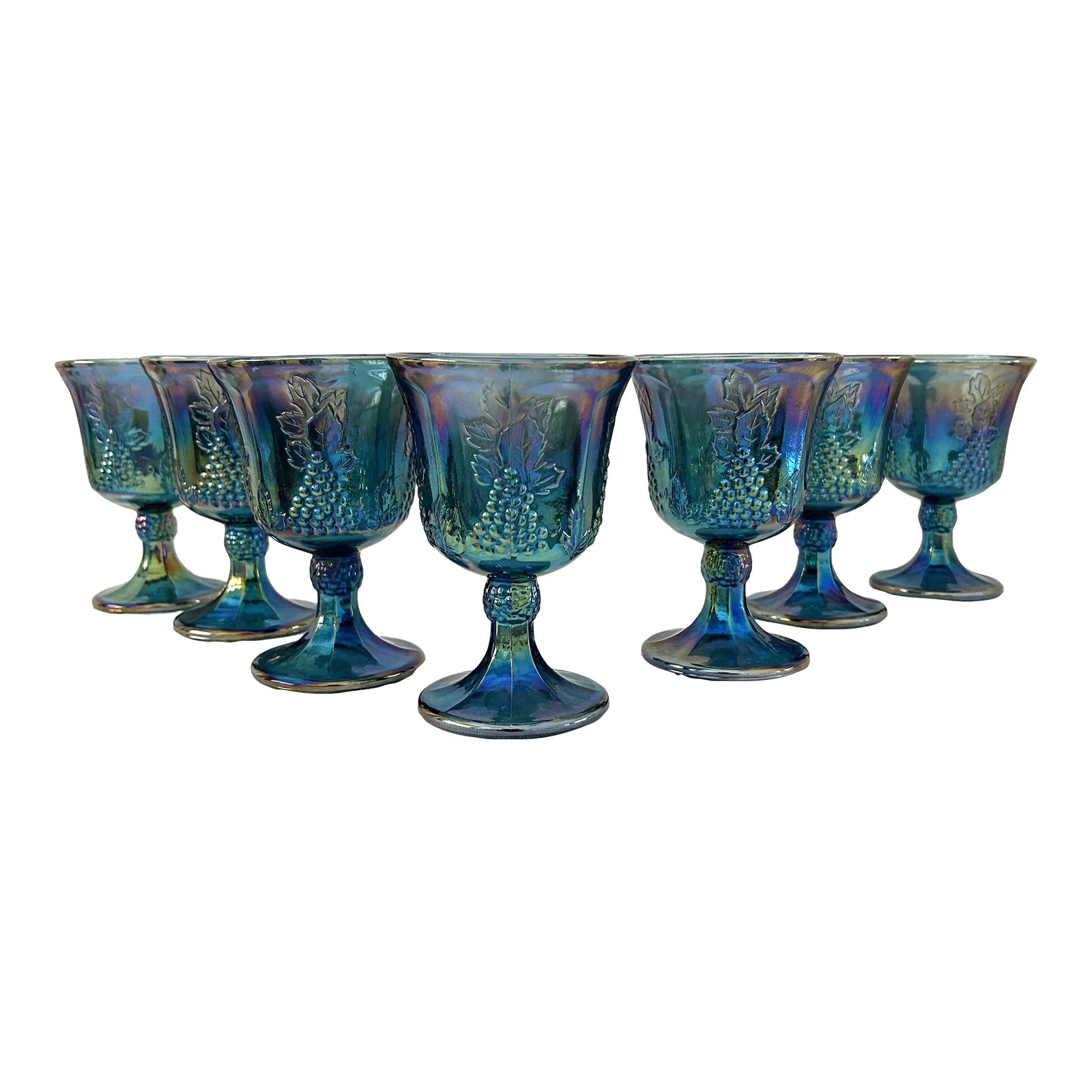 1970s Harvest Blue Carnival Glass Goblets, Set of 7 | Chairish