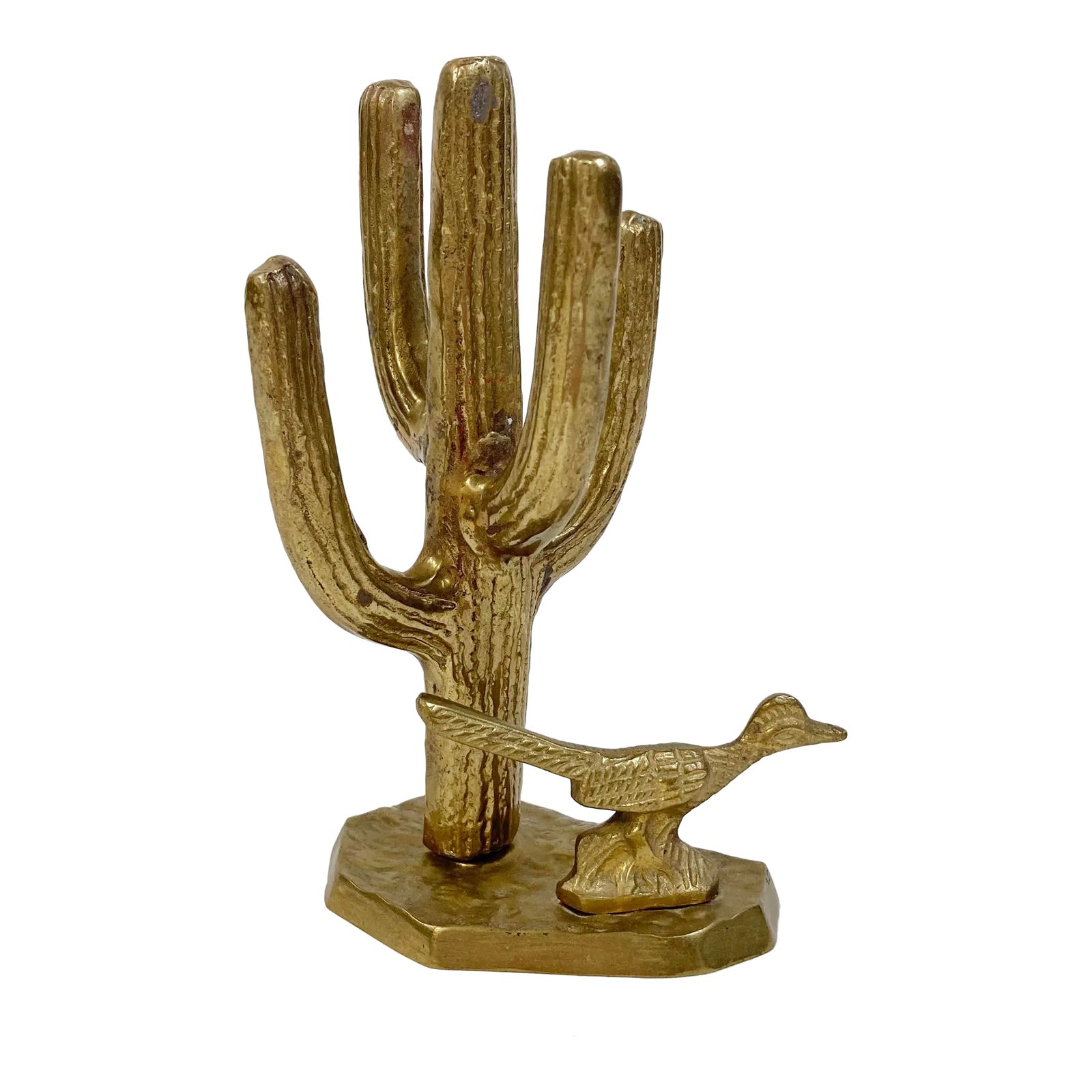 Vintage Brass Saguaro Cactus and Road Runner | Chairish