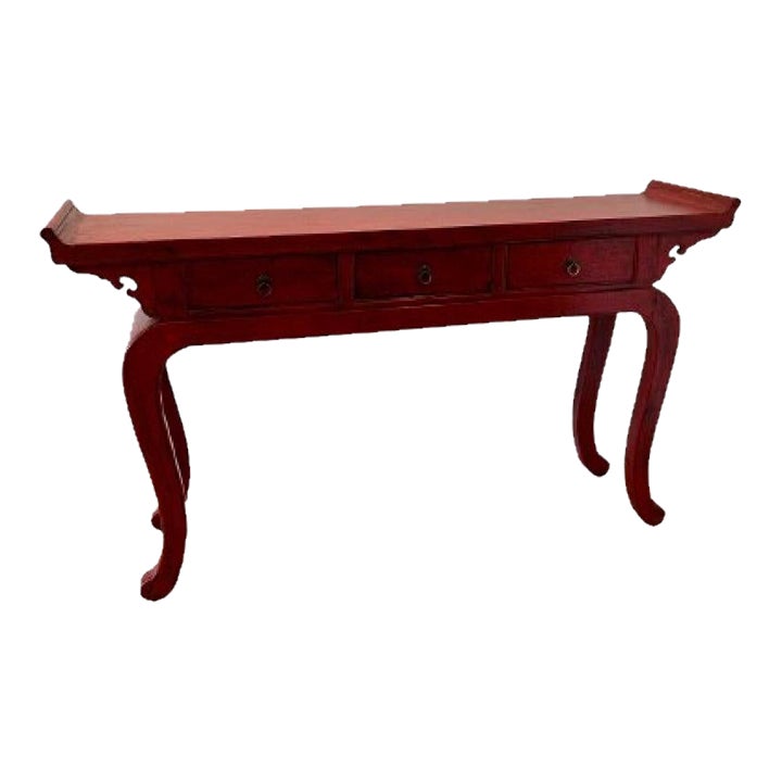 1970s Vintage Distressed Red Chinoiserie Console Table | Chairish