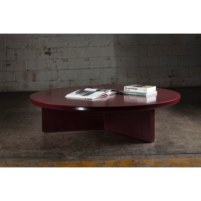 Deep Dark Red Lacquer Finish in Solid Oak Round Coffee Table | Chairish