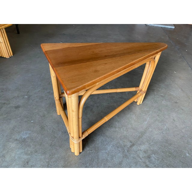 Restored Rattan "Pizza Slice" Corner Side Table With Mahogany Tabletop ...