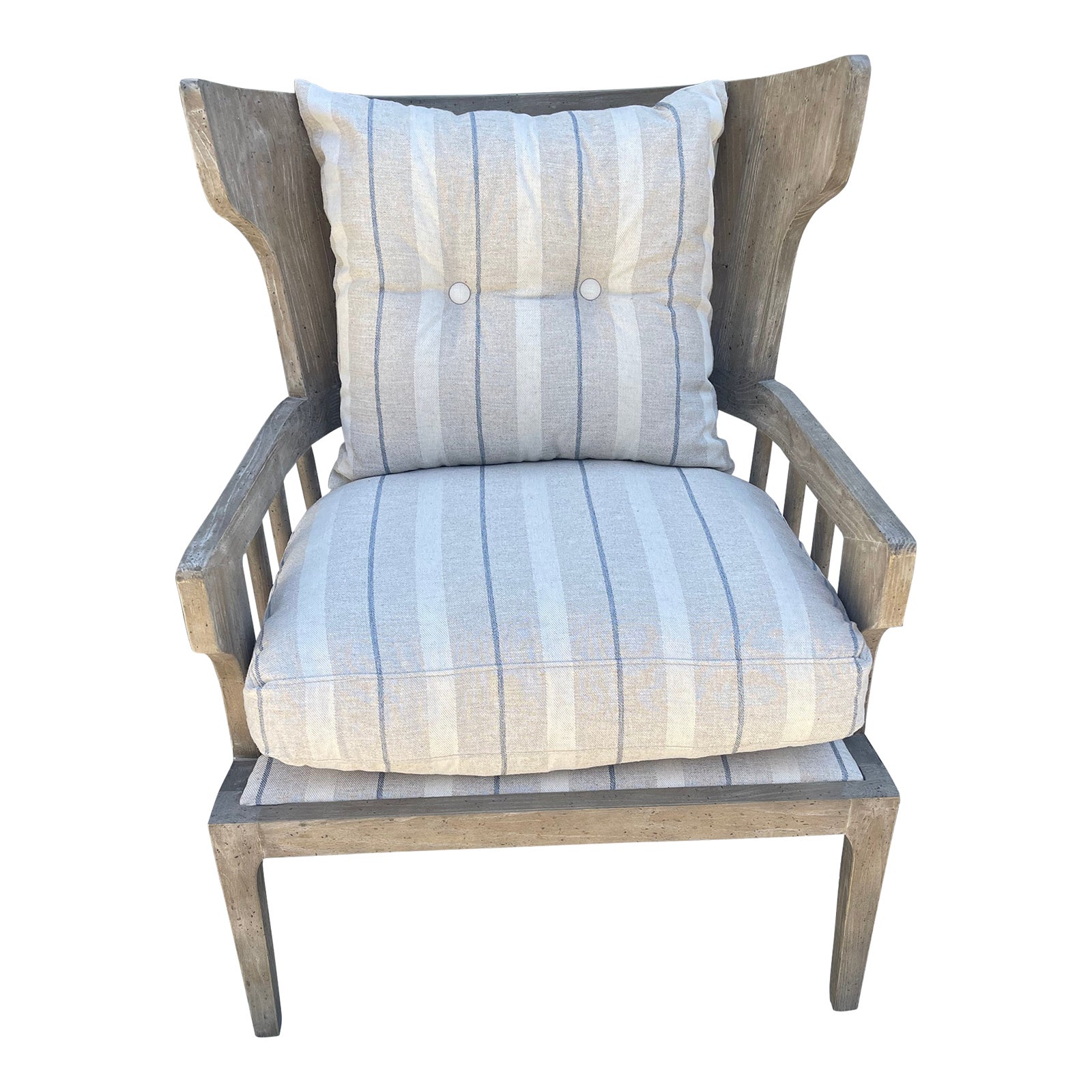 Fabulous Coastal Wingback Accent Chair With Linen Cushions | Chairish