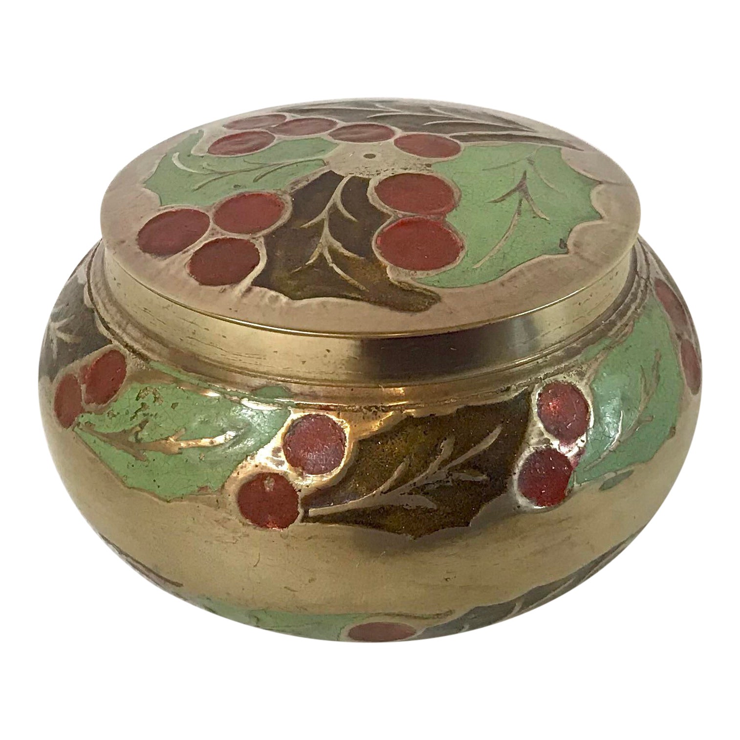 Vintage Brass and Enamel Trinket Box With Holly Design | Chairish